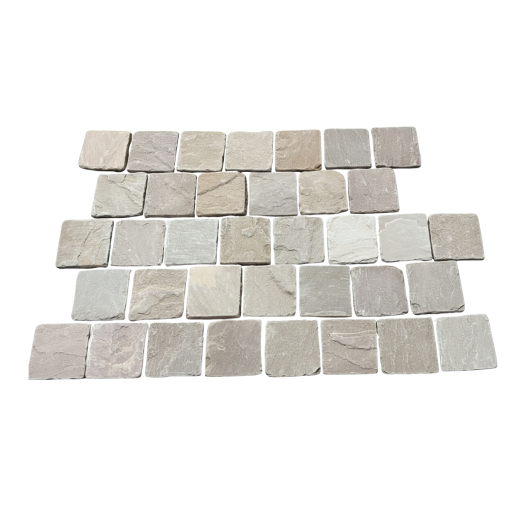 Raj Green Tumbled Sandstone Cobbles Setts – Pave World